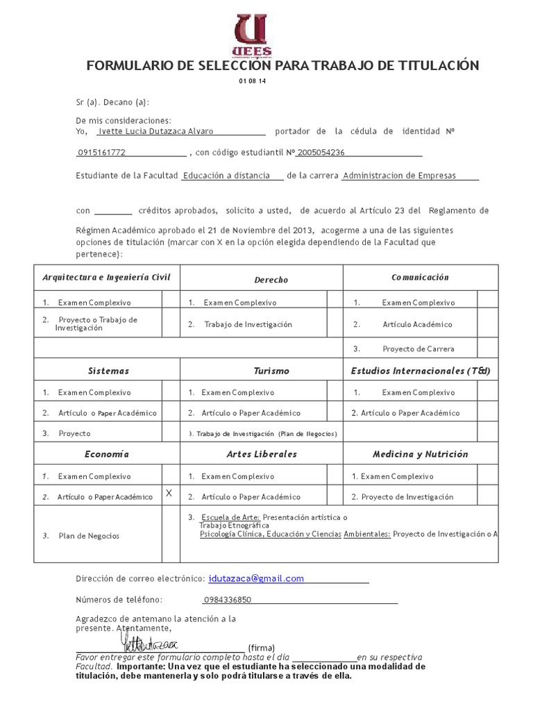 Carta Para Opcion de Titulacion | Educación avanzada | Ciencia (general) Carta Para Opcion de Titulacion | Educación avanzada | Ciencia (general)