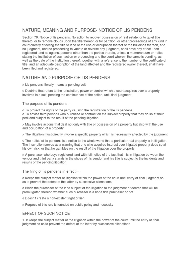 Nature, Meaning and Purpose-Notice of Lis Pendens | PDF | Lawsuit | Judgment (Law)