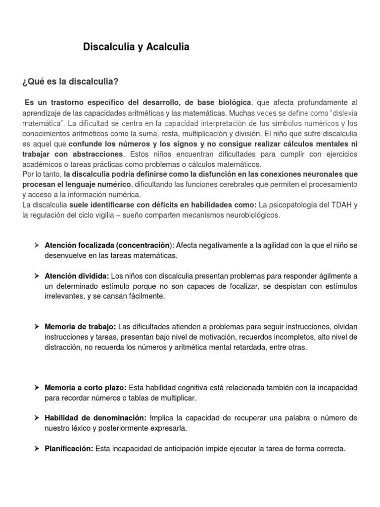 Discalculia y Acalculia | PDF | Memoria | Psicología Educacional
