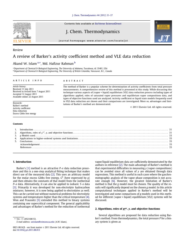 A Review of Barker's Activity Coefficient Method and VLE Data Reduction | PDF | Least Squares ...