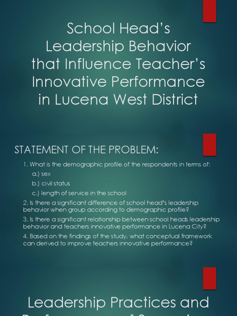 School Head's Leadership Behavior That Influence Teacher's Innovative ...
