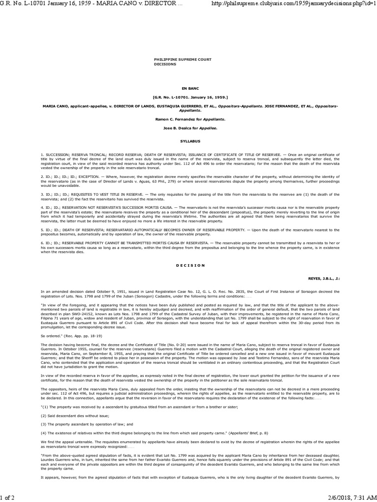 Reserva Troncal - GR L-10701 (1959) PDF | PDF | Property | Intestacy