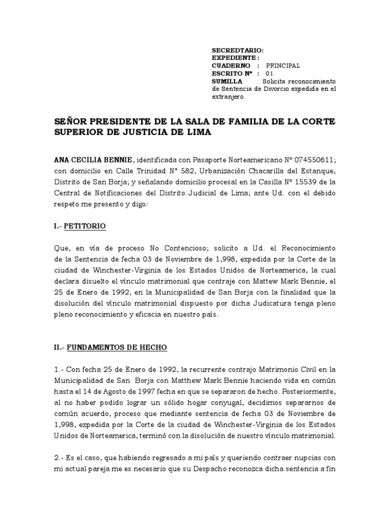 Demanda de Exequátur de Divorcio en Perú | PDF | Divorcio | Gobierno