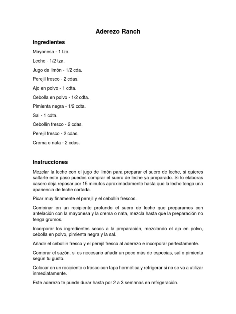 Recetas de Aderezos: Ranch, Cilantro y Mango | PDF | Cilantro | Aceite ...