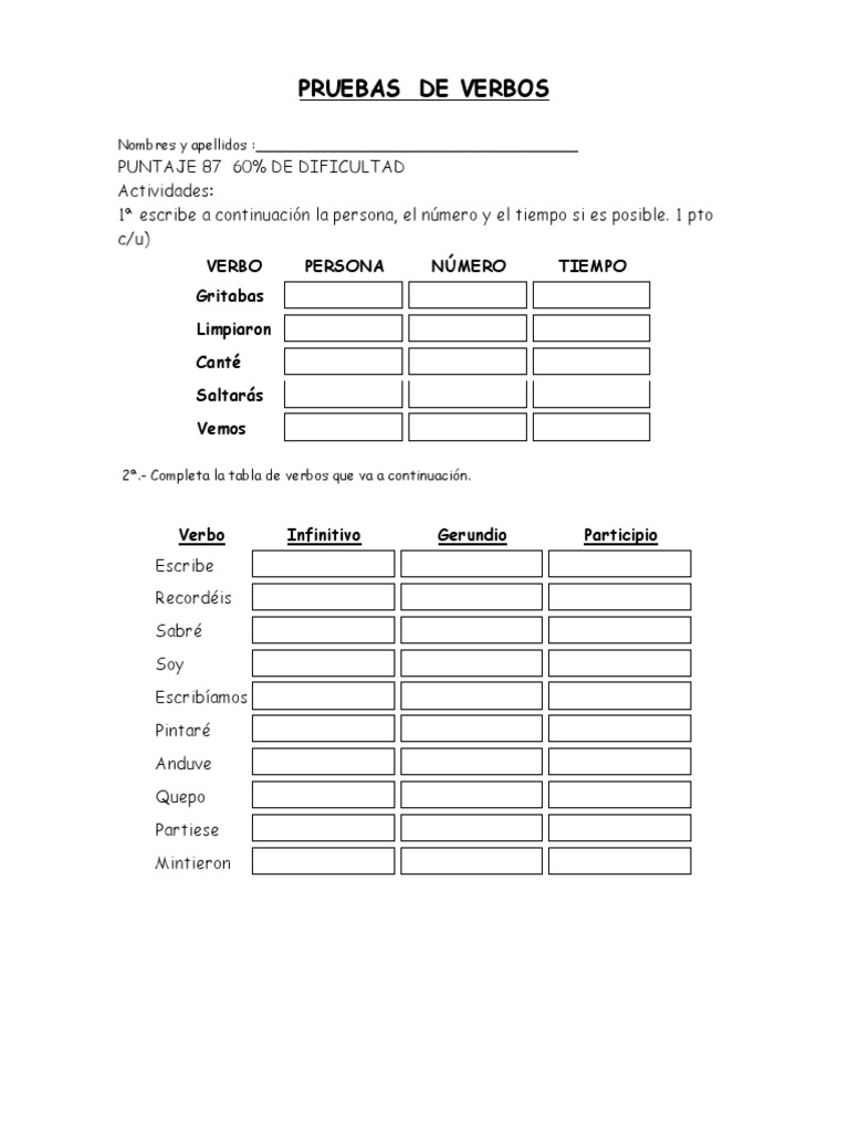 Actividades de Verbos | PDF | Artes del Lenguaje y Comunicación ...