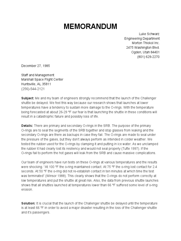 Challenger Memorandum | Download Free PDF | Space Shuttle | Spaceflight
