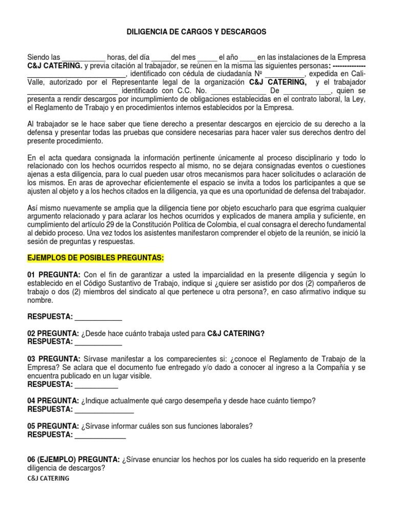Formato De Diligencia De Cargos Y Descargos Pdf Debido Al Proceso