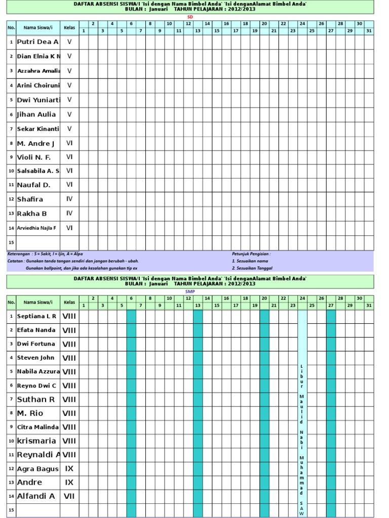 Contoh Absensi Bimbel - Untuk Siswa | PDF