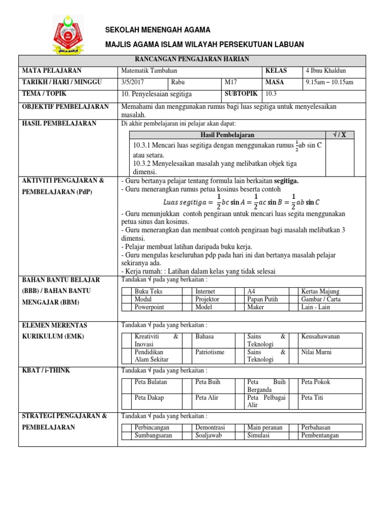 Contoh RPH Matematik Tambahan | PDF