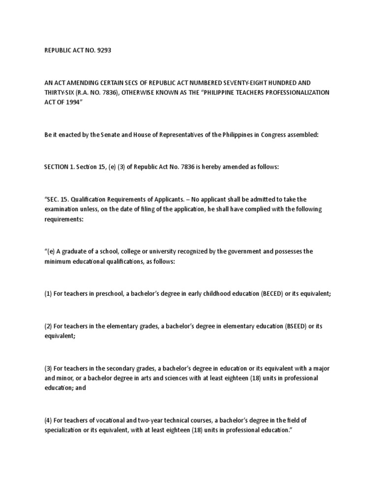 Republic Act No. 9293 | Licensure | Academic Degree