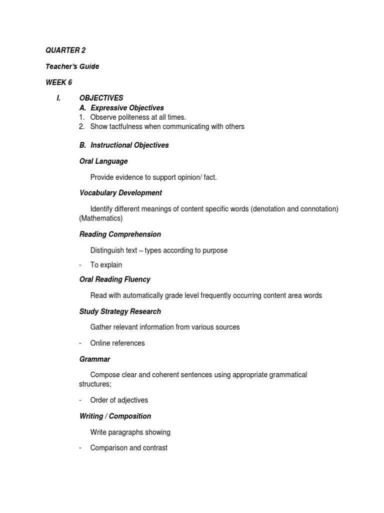 Quarter 2 Teacher's Guide Week 6 I. Objectives A. Expressive Objectives ...