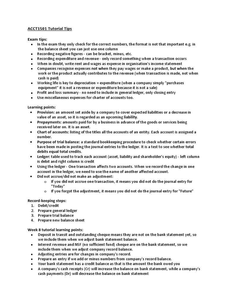 ACCT1501 Tutorial Tips | PDF | Debits And Credits | Expense