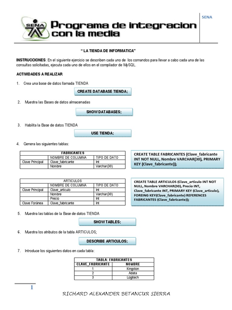 Ejercicio SQL Tienda Informatica Ejemplo PDF | PDF | Bases de datos | Datos de computadora