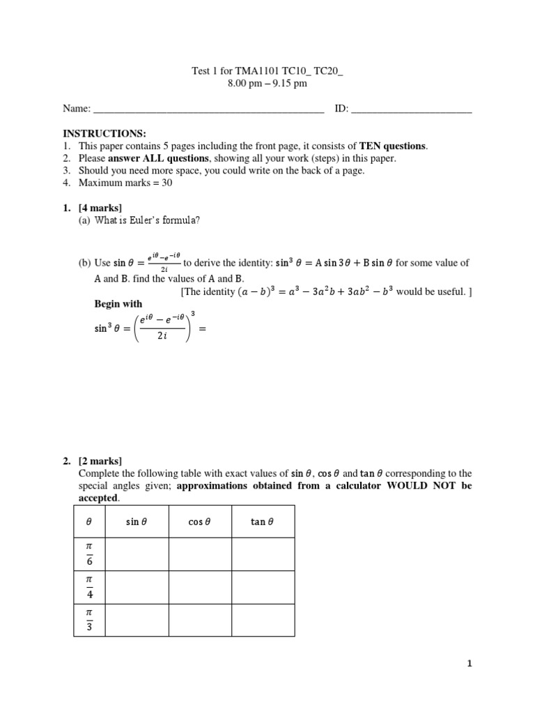 Calculus (Test 1 Question) | PDF | Derivative | Sine