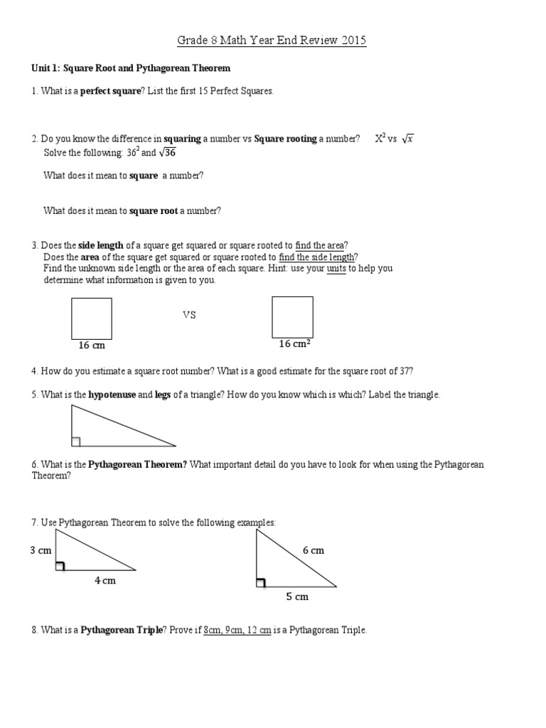 Grade 8 Math Year End Review 2015: Unit 1: Square Root and Pythagorean ...