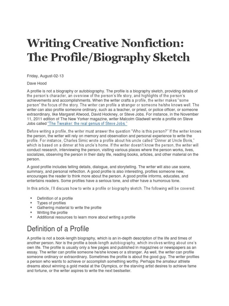Writing Creative Nonfiction: The Profile/Biography Sketch: Definition ...