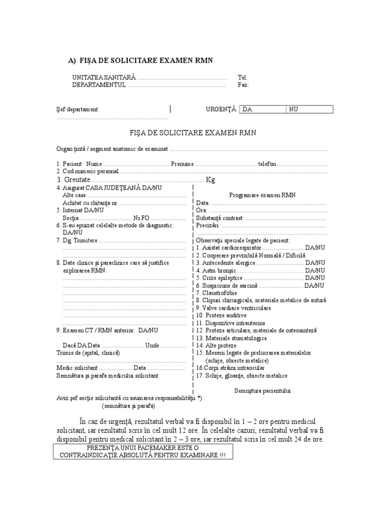 22.52 - Fisa de Solicitare Examen RMN | PDF