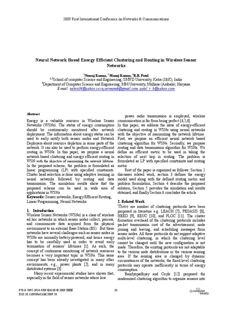Neural Network Based Energy Efficient Clustering and Routing in Wireless Sensor Networks | PDF ...