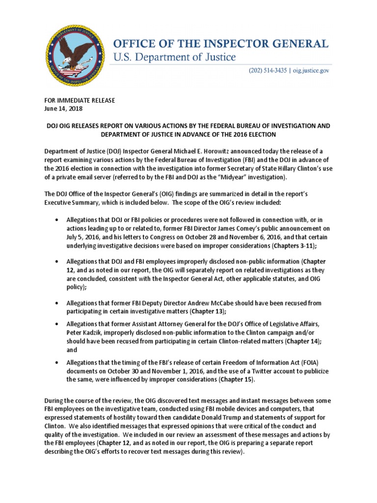 Doj Oig Releases Report On Various Actions by The Federal Bureau of ...