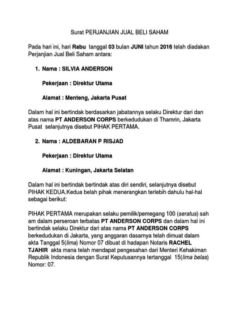 Surat PERJANJIAN JUAL BELI SAHAM | PDF