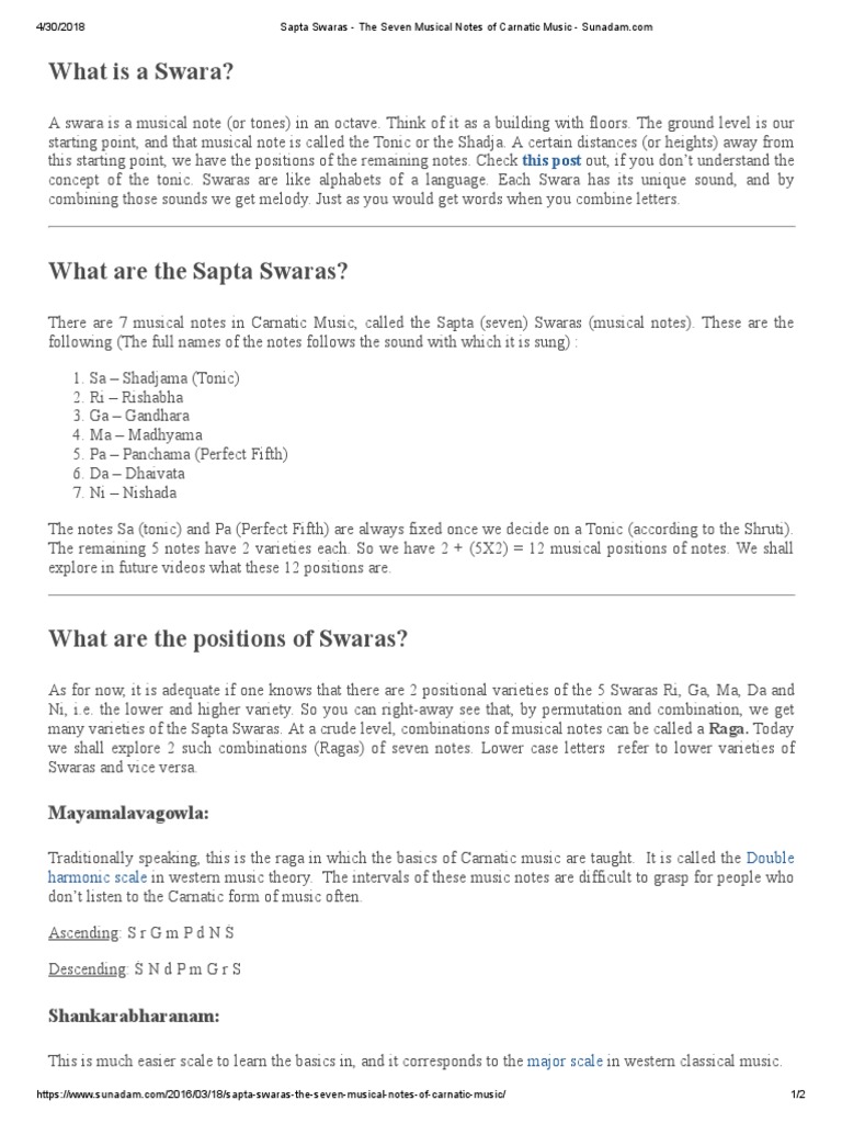 Sapta Swaras - The Seven Musical Notes of Carnatic Music | PDF ...