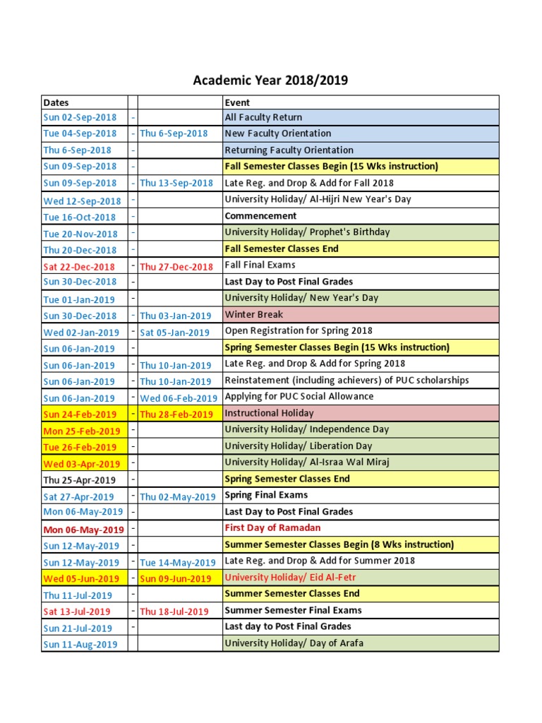 2018-2019 Academic Calendar Events | PDF | Holidays | Academic Term