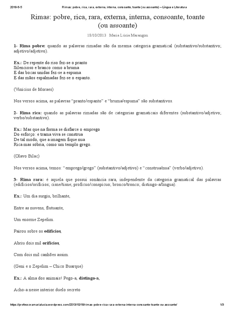 Rimas_ Pobre, Rica, Rara, Externa, Interna, Consoante, Toante (Ou ...