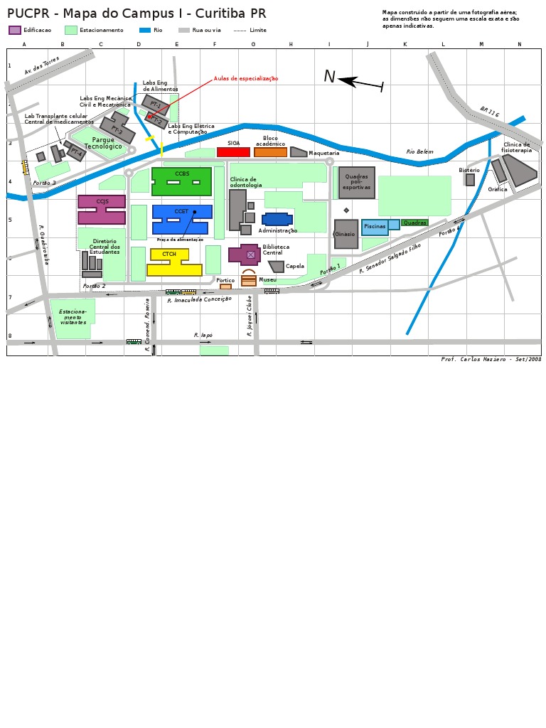 Mapa do Campus I da PUCPR indicando a localização de prédios e ...