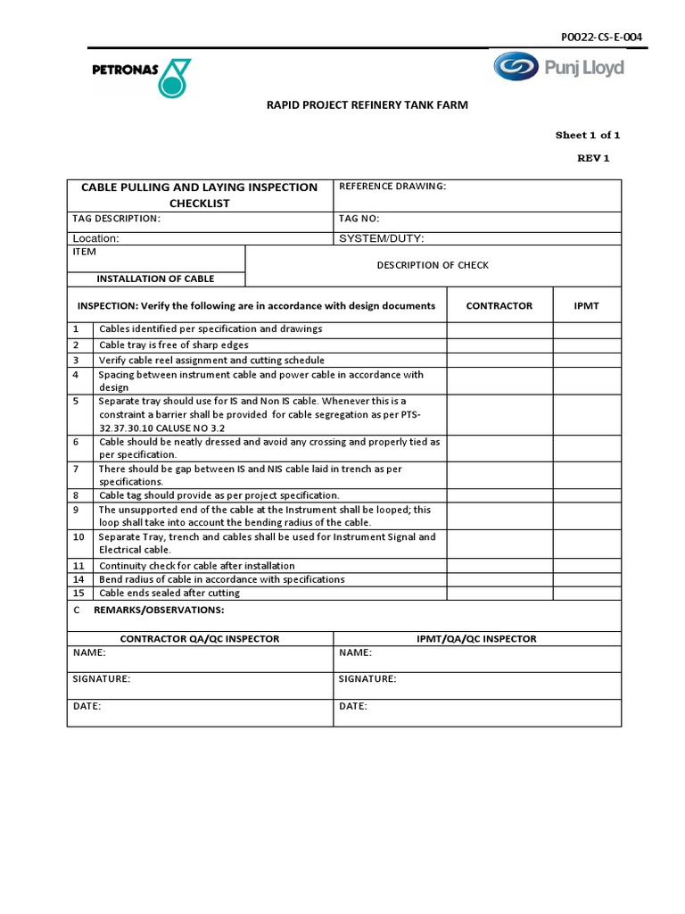 Cable Pulling and Laying Inspection Checklist: P0022-CS-E-004 | PDF