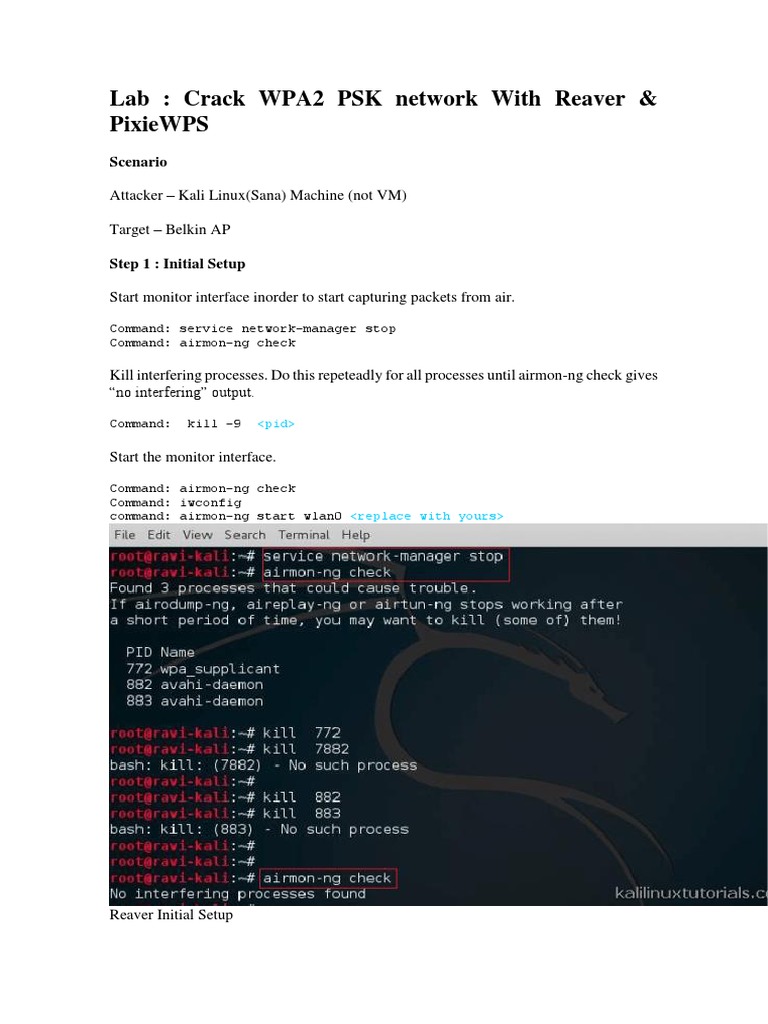 Lab: Crack Wpa2 PSK Network With Reaver & Pixiewps: Scenario | PDF