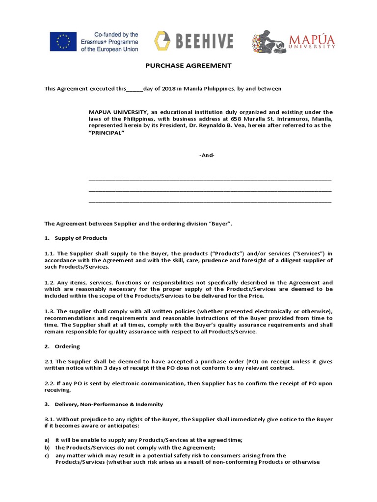 Purchase Agreement for Supplier Services | PDF | Guarantee | Prices