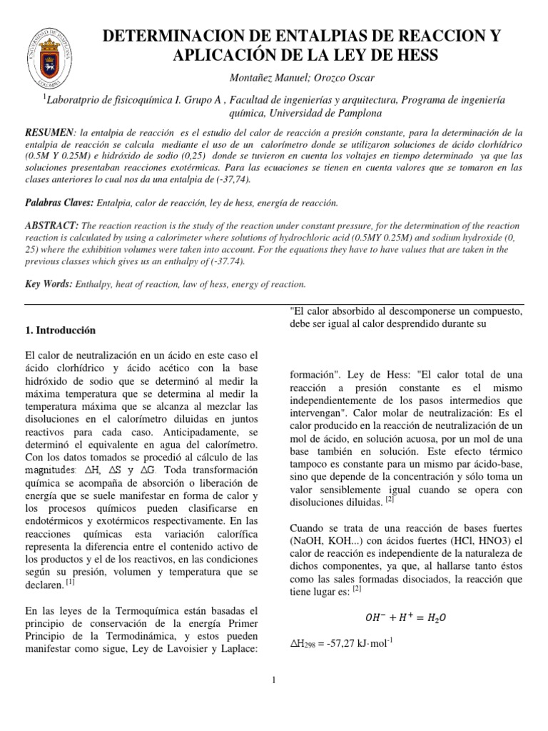 Entalpía de Reacción y Ley de Hess | PDF | Ácido clorhídrico ...