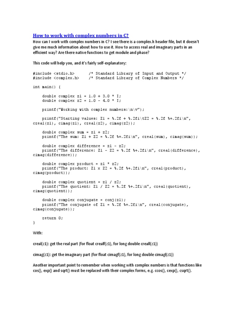 How To Work With Complex Numbers in C | PDF