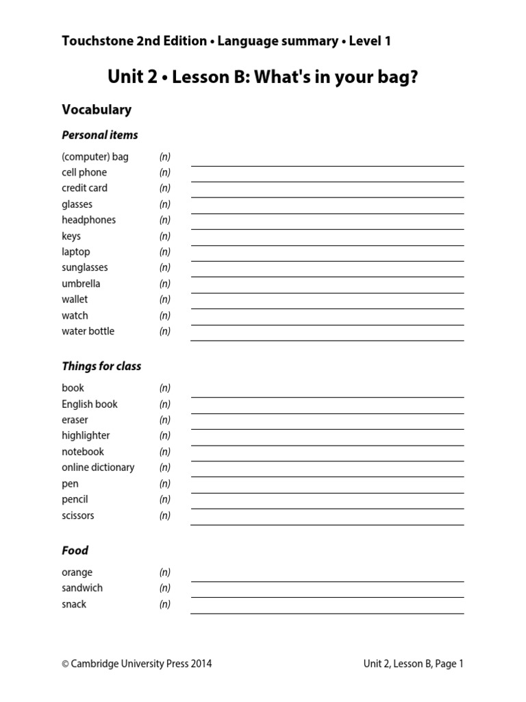 Unit 2 - Lesson B: What's in Your Bag?: Touchstone 2nd Edition - Language Summary - Level 1 ...