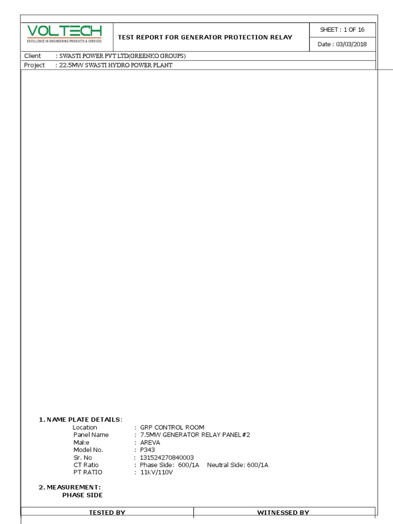 Test Report For Generator Protection Relay | PDF | Electric Generator ...