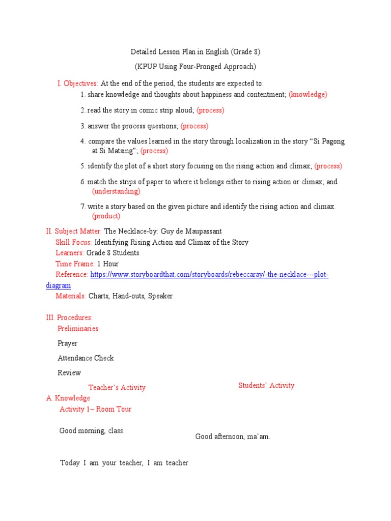 Grade 8 English Lesson Plan: Plot Structure | PDF | Plot (Narrative ...