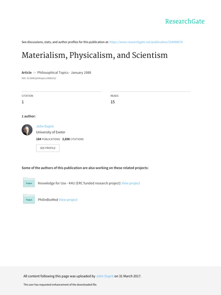 Materialism Physical Is M Scientism | PDF | Materialism | Reductionism