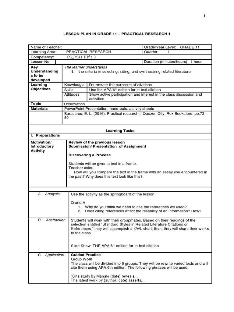 PR 1 Lesson Plan For Observation | PDF | Observation | Lesson Plan