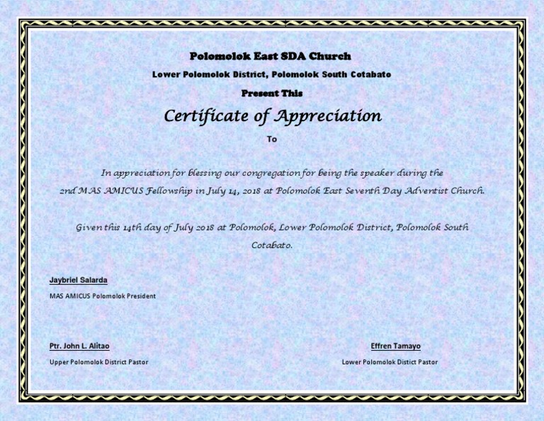 Certificate of Appreciation: Polomolok East SDA Church | PDF