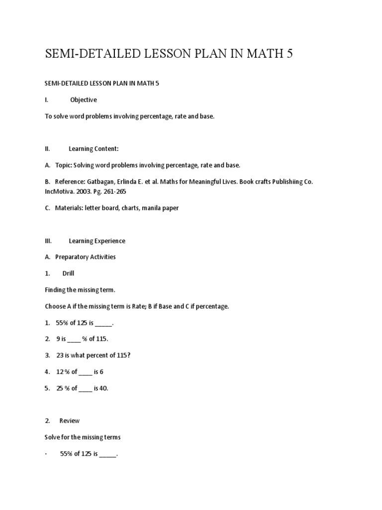 Semi-Detailed Lesson Plan in Math 5 | PDF | Planets | Solution
