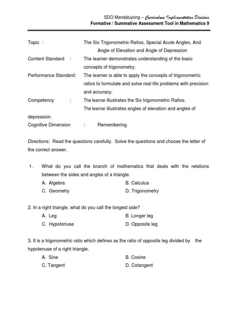 Curriculum Writing Grade 9 4th Quarter Morta | PDF | Trigonometric ...
