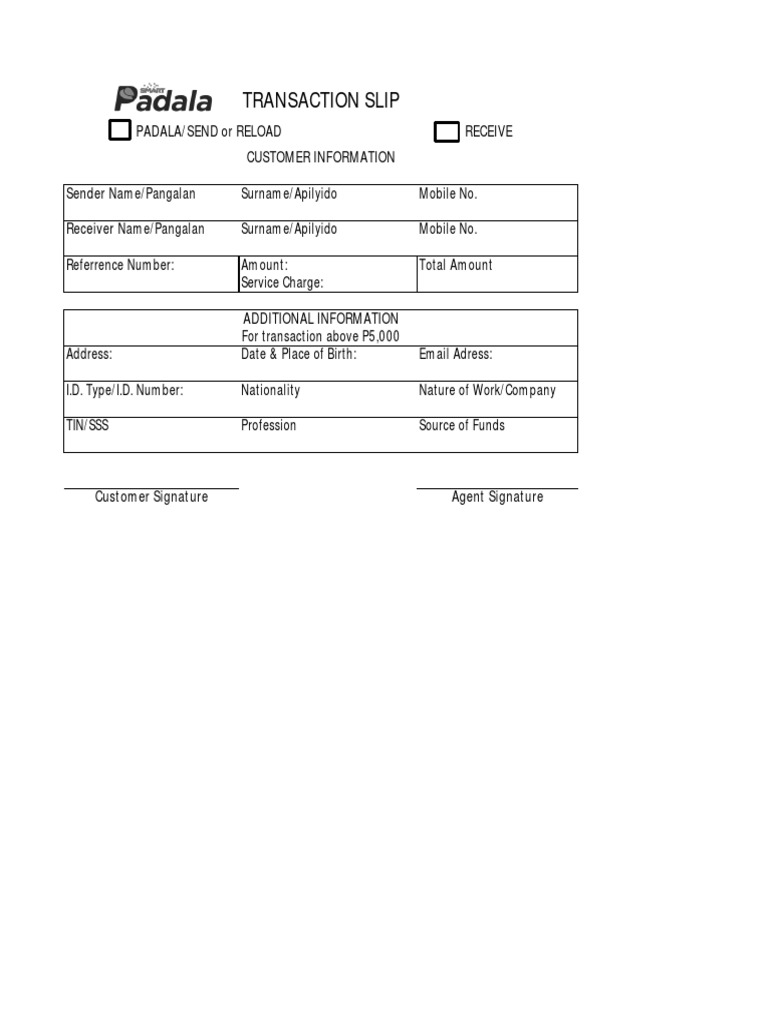 Transaction Slip: Customer Information Padala/Send or Reload Receive | PDF