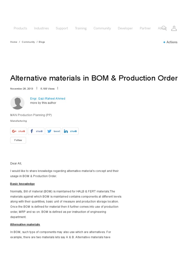 Alternative Materials in BOM & Production Order | PDF