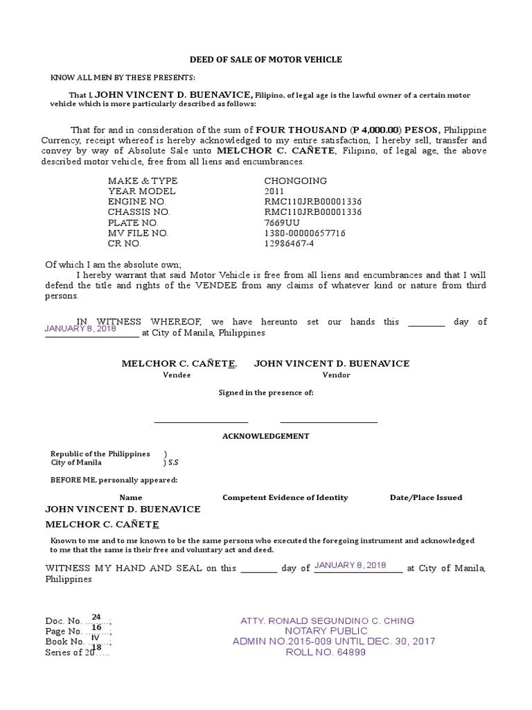 Transfer of Ownership and Warranty in the Sale of a Used Motor Vehicle ...