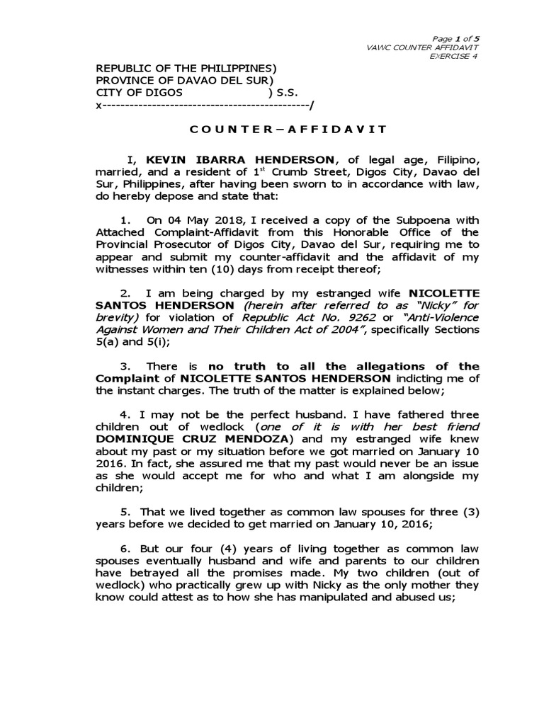 Page 1 of 5 Vawc Counter Affidavit Exercise 4 | PDF | Marriage | Justice