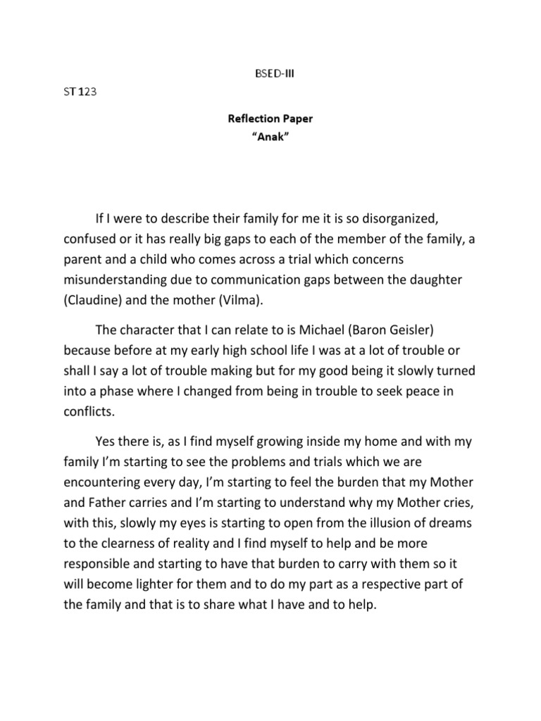 Bsed-Iii ST 123: Reflection Paper "Anak" | PDF