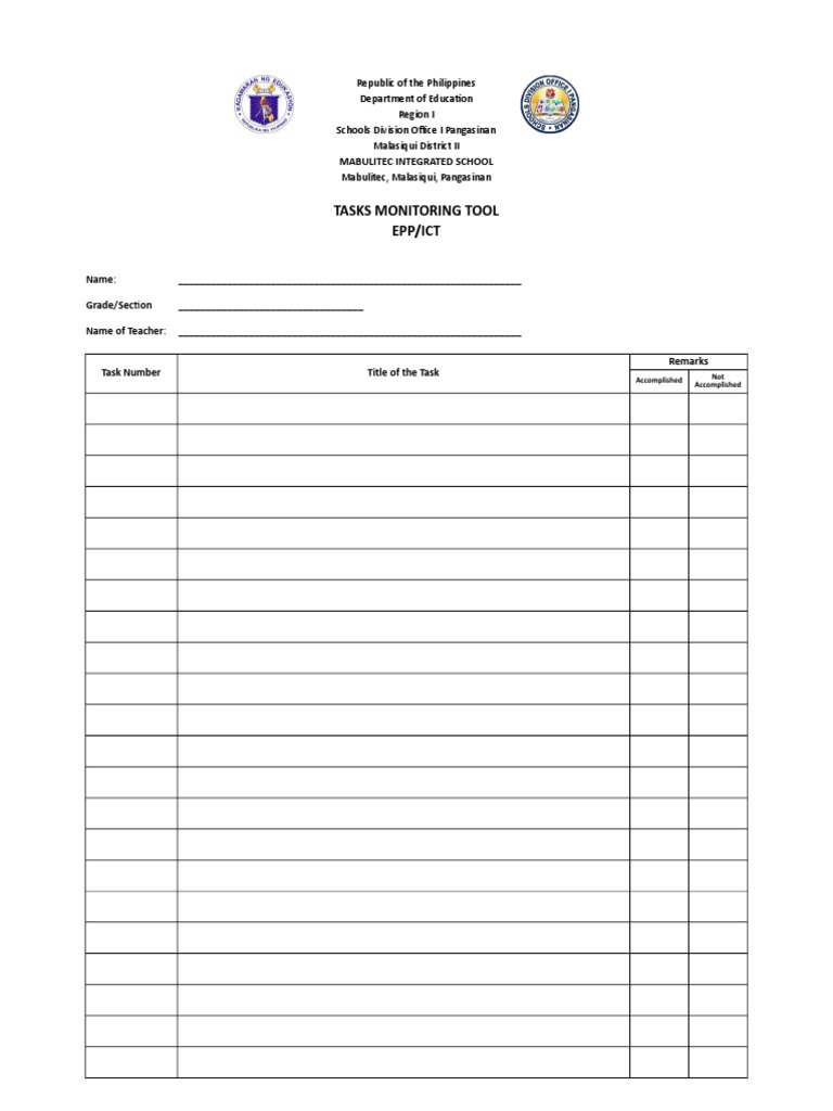 EPP/ICT Tasks Monitoring Tool Template | PDF | Behavior Modification | Educational Psychology