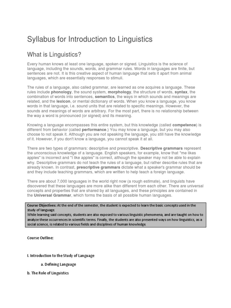 Syllabus For Introduction To Linguistics FINAL | PDF | Phonology | Phoneme