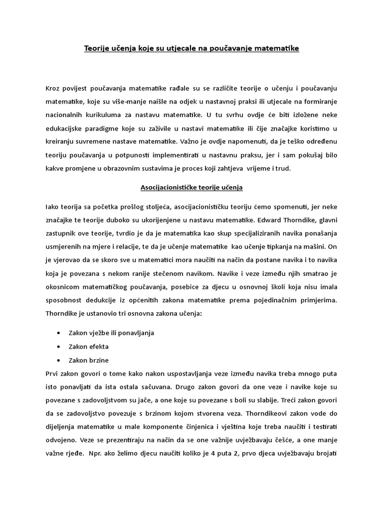 Teorije Ucenja Koje Su Utjecale Na Poucavanje Matematike | PDF