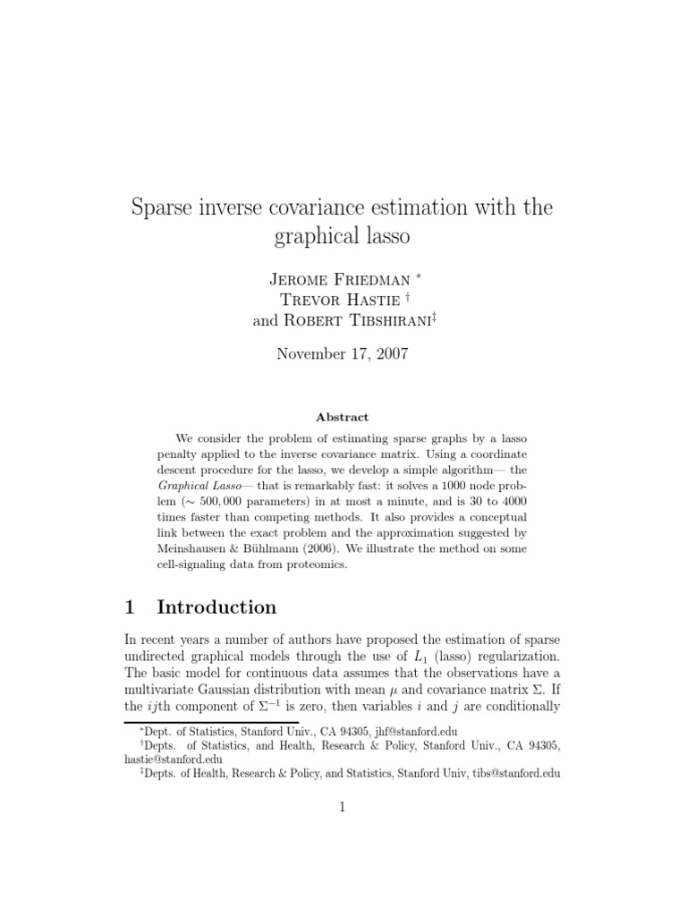 The Graphical Lasso Sparse Inverse Covariance Estimation With The Graphical Lasso Pdf